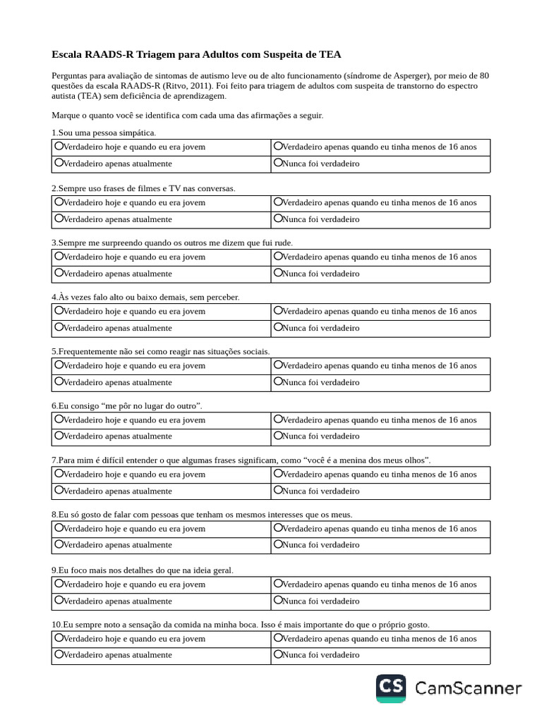RAADS R Triagem para Adultos Com Suspeita de TEA | PDF