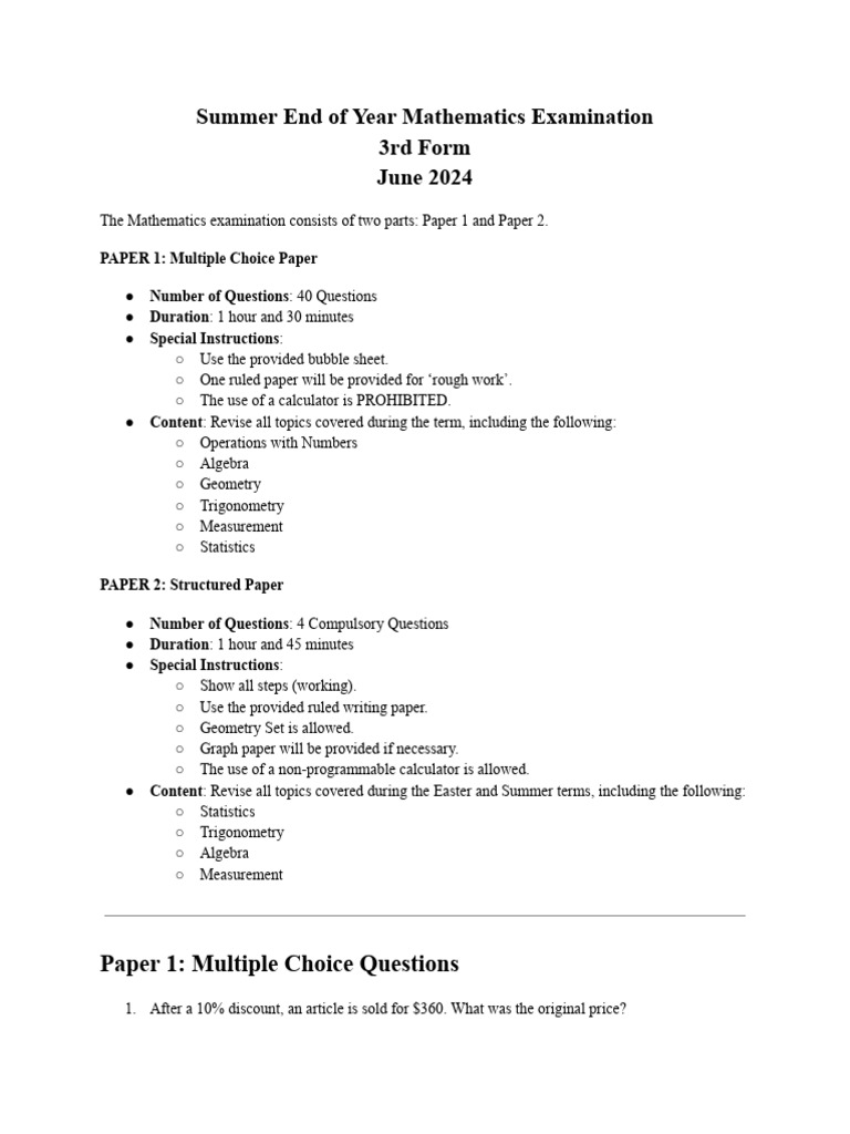Summer End of Year Mathematics Examination | PDF