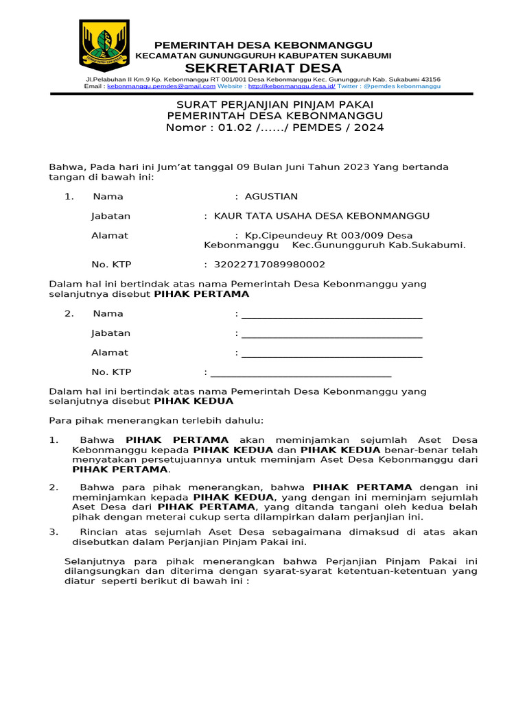 Surat Perjanjian Pinjam Pakai DESA KEBONMANGGU 2023 | PDF