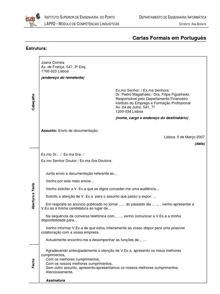 Estrutura de Cartas Formais em Português | PDF | Ciência e Tecnologia ...
