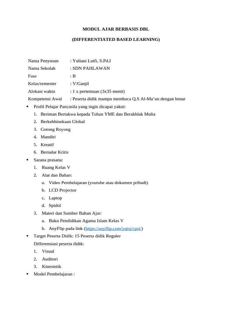 MODUL AJAR BERBASIS DBL (Differentiated Based Learning) Observasi ...