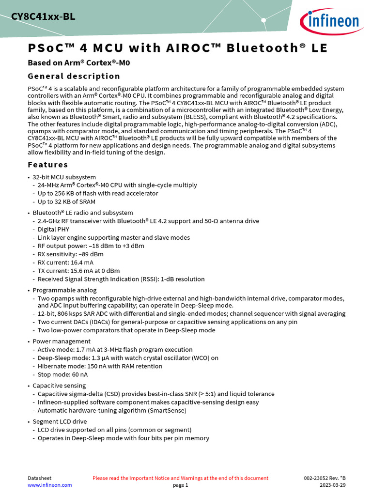 Infineon-PSoC 4 PSoC 4100 BLE Family Datasheet Programmable System-on-Chip-DataSheet-v03 00-EN | PDF