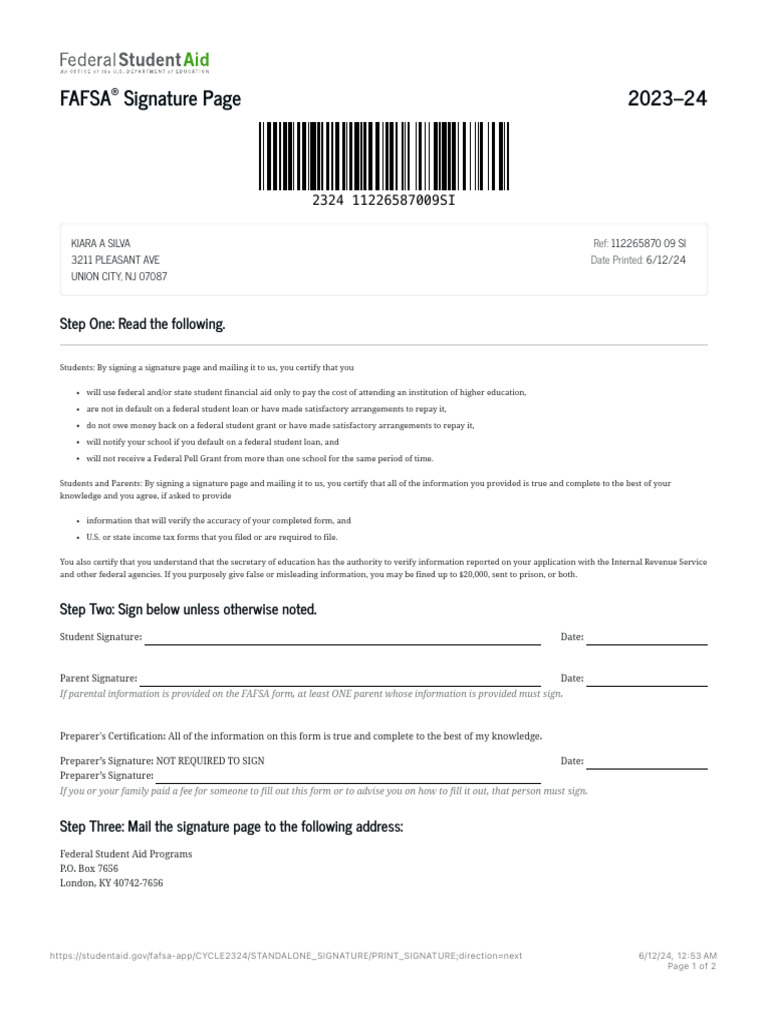 2023-2024 Standalone Print Signature - FAFSA Application - Federal ...