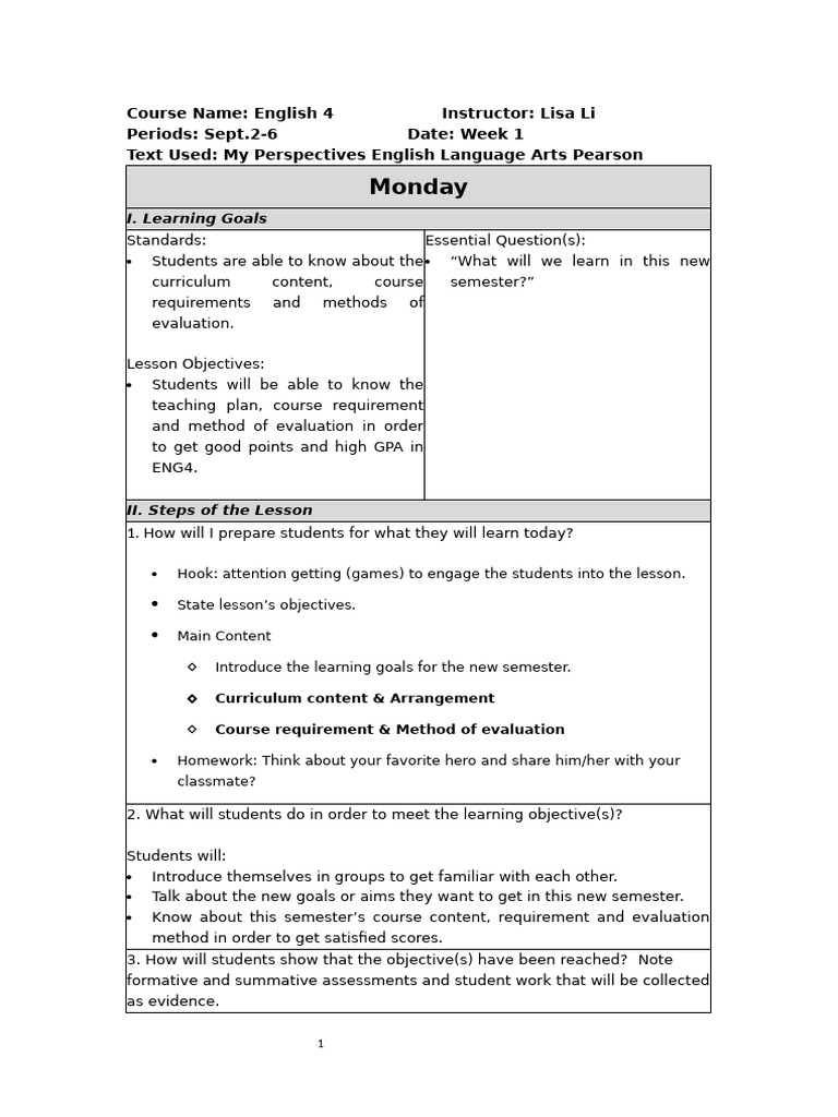 ENG4 Lesson Plan Week1 | PDF