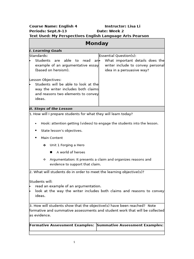 ENG4 Lesson Plan Week2 | PDF