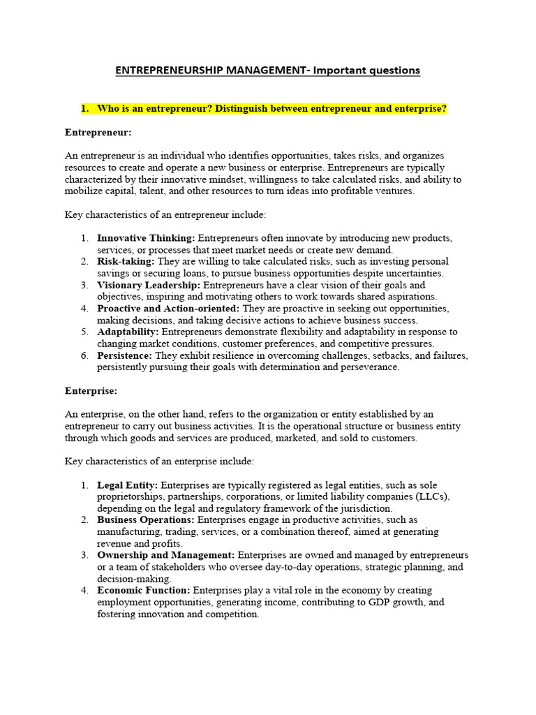 ENTREPRENEURSHIP MANAGEMENT - Important Questions | PDF ...