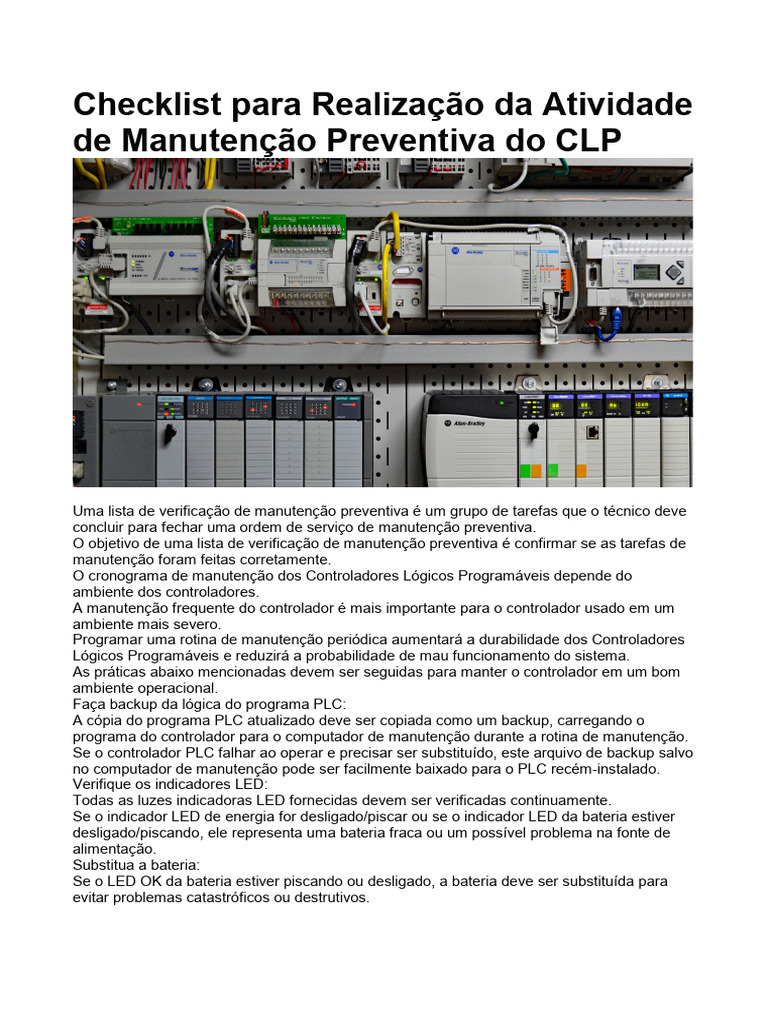 Checklist para Realização Da Atividade de Manutenção Preventiva Do CLP ... Checklist para Realização Da Atividade de Manutenção Preventiva Do CLP ...