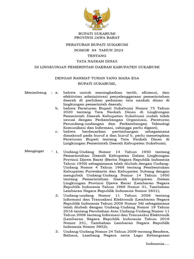 Perbup 84 Tahun 2023 Tata Naskah Dinas | PDF