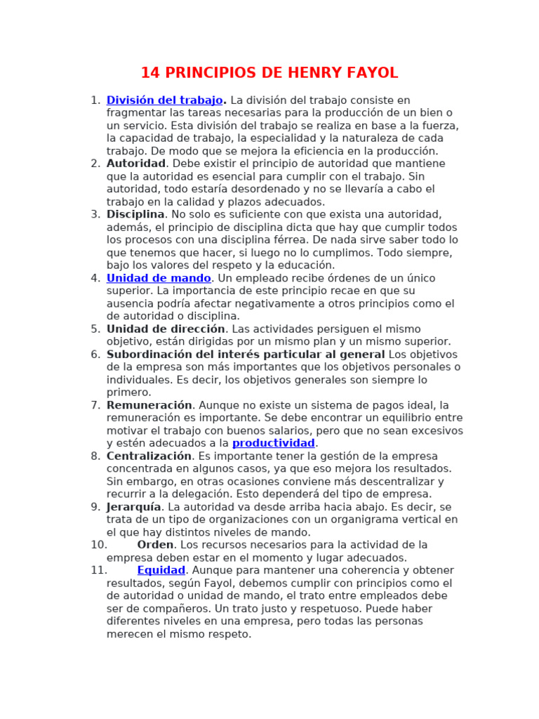 14 Principios de Henry Fayol | PDF