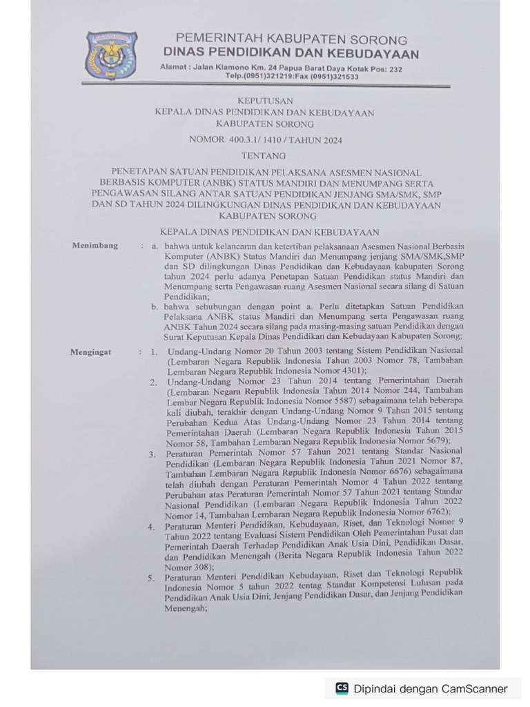 SK Penetapan SP ANBK Status Mandiri Dan Pengawasan Silang | PDF