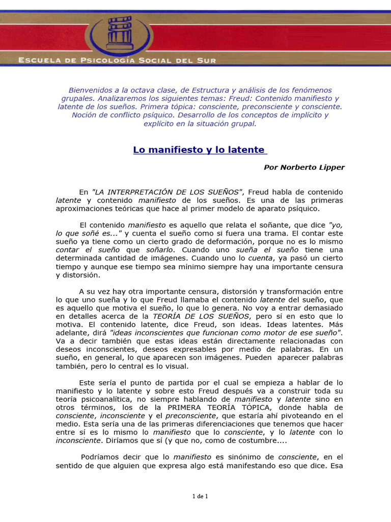 Lo Manifiesto y Lo Latente: Por Norberto Lipper | PDF