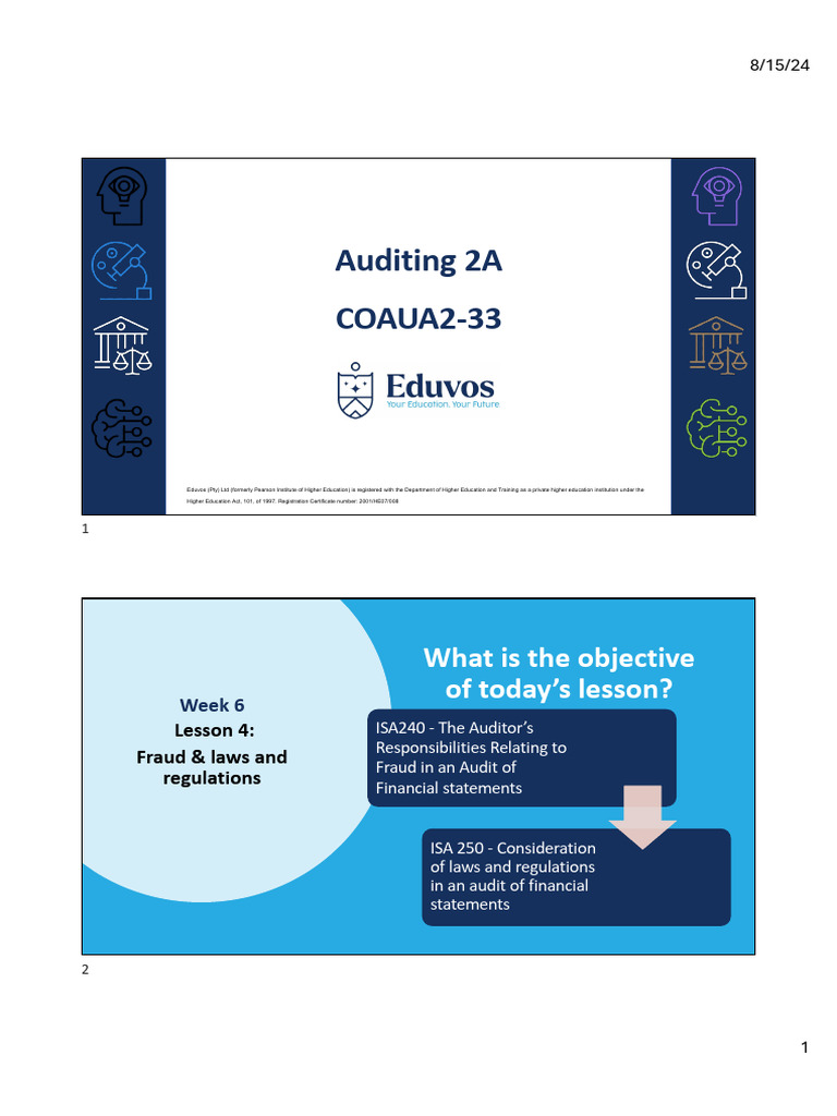 COAUA2 - Week 6 Class 2 - IsA 240 Fraud ISA 250 Laws Regulations | PDF | Audit | Ponzi Scheme