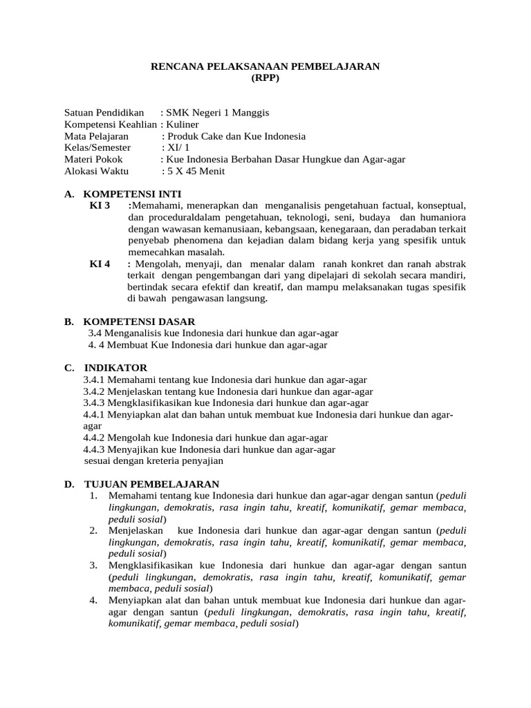 RPP 3.4 Kue Indonesia Dari Hunkue Dan Agar-Agar | PDF