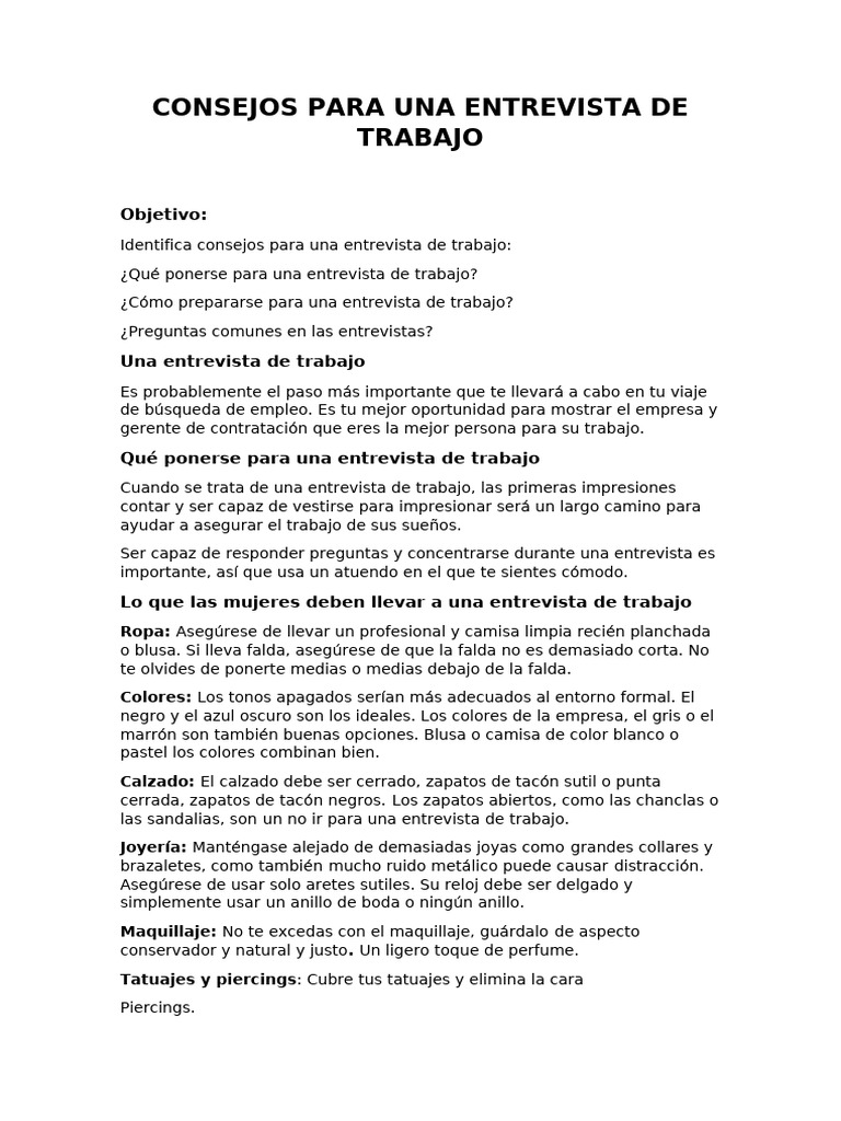CONSEJOS PARA UNA ENTREVISTA DE TRABAJO | PDF
