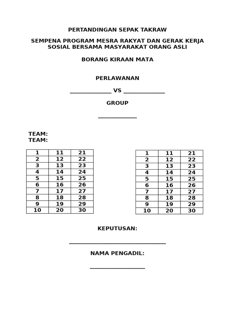 Borang Kiraan Mata Sepak Takraw | PDF