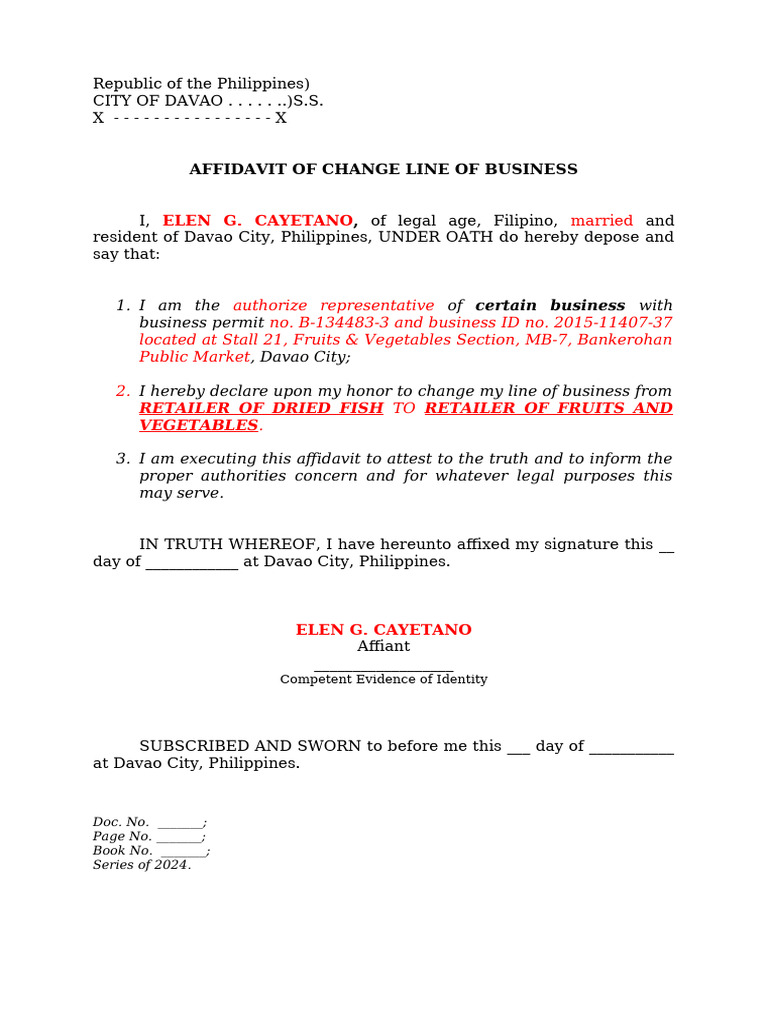 Affidavit of Change Line of Business | PDF