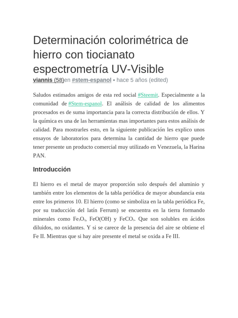 Determinación Colorimétrica de Hierro Con Tiocianato Espectrometría UV ...