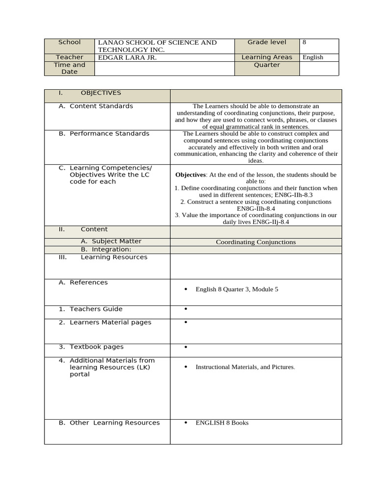 Grade 8 Lesson Plan: Coordinating Conjunctions | PDF | Language ...