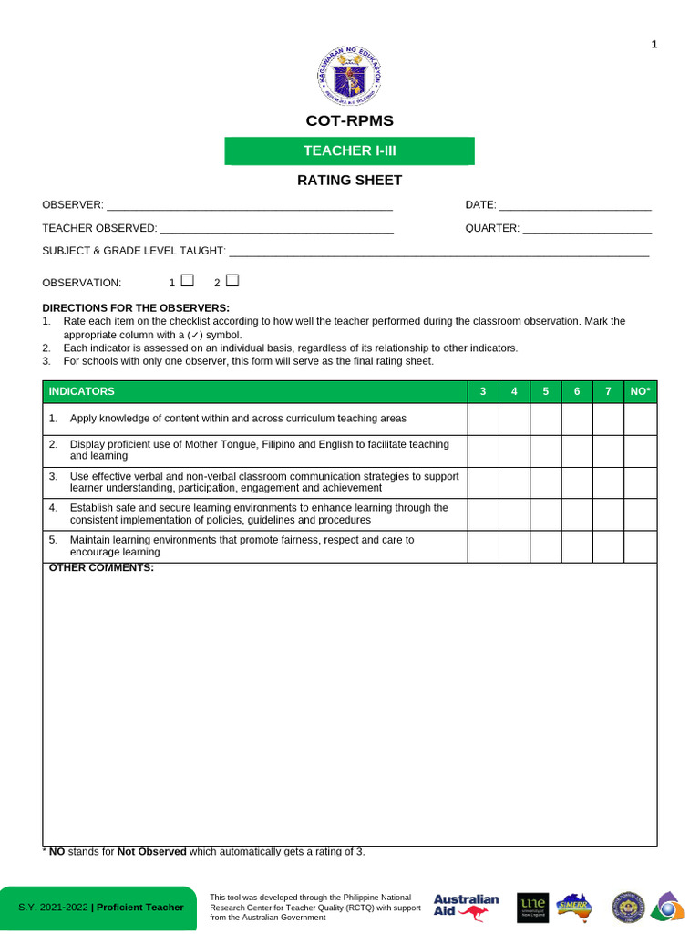 Teacher Observation Rating Sheet | PDF | Learning | Career & Growth