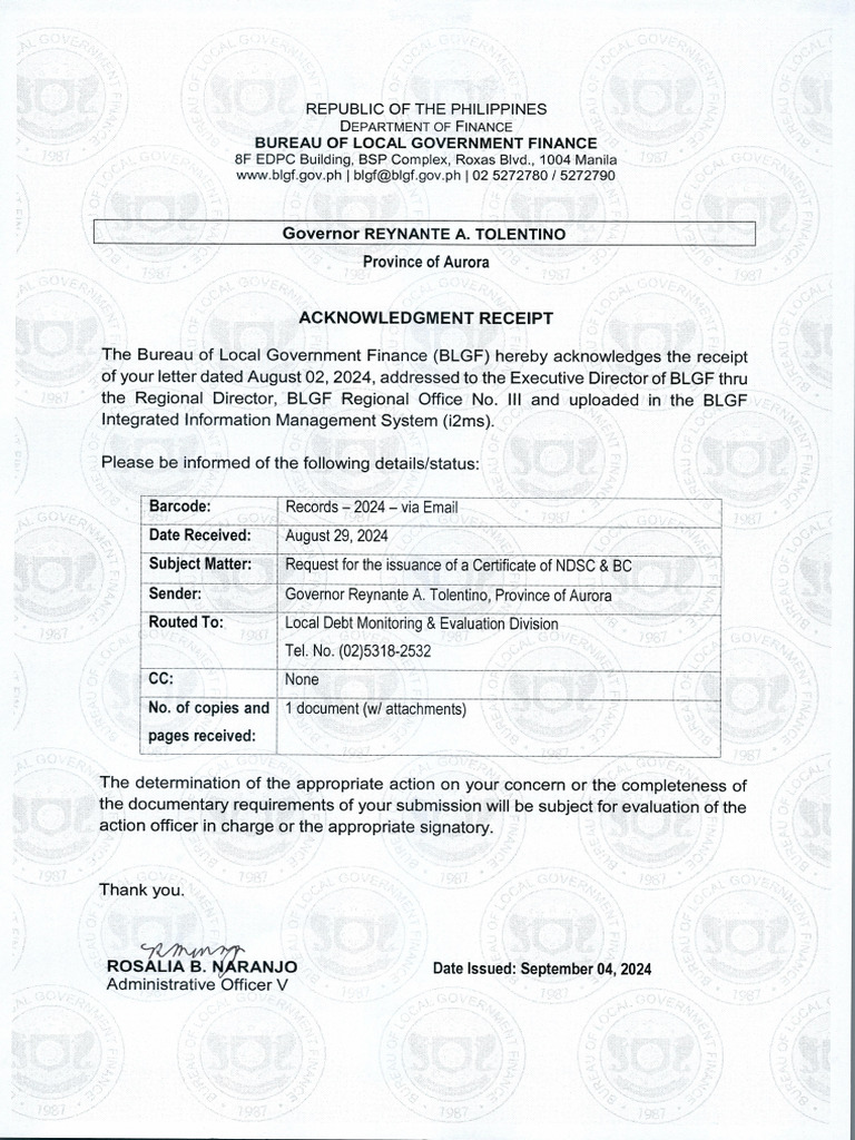 Acknowledgment Receipt - Request For Issuance of Certification of NDSC and BC - Province of ...