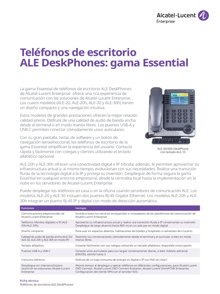 Ale Deskphones Essential Datasheet Es | PDF | Calidad de servicio | Computación en la nube