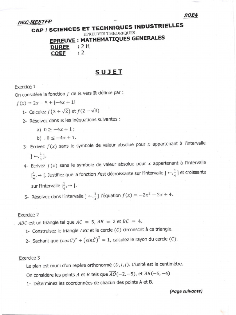 CAP Sciences Et Techniques Industrielles 2024 Mathematiques Generales | PDF