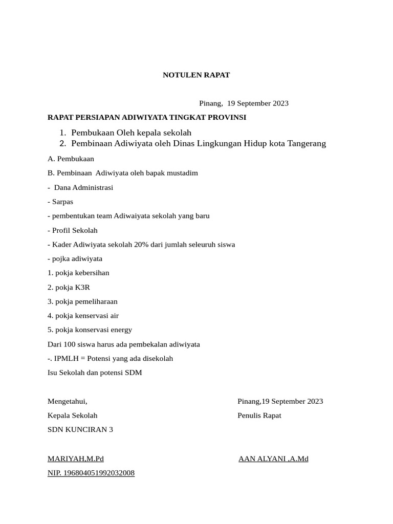 NOTULEN RAPAT Persiapan Adiwiyata | PDF