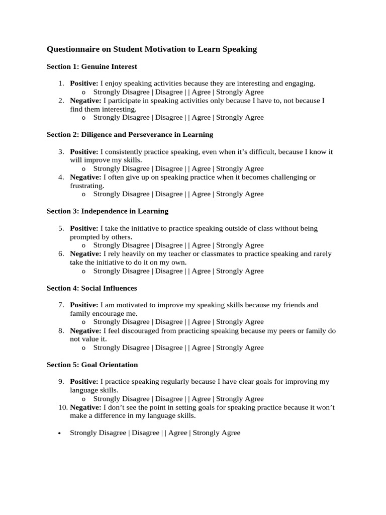 Questionnaire On Student Motivation To Learn Speaking | PDF