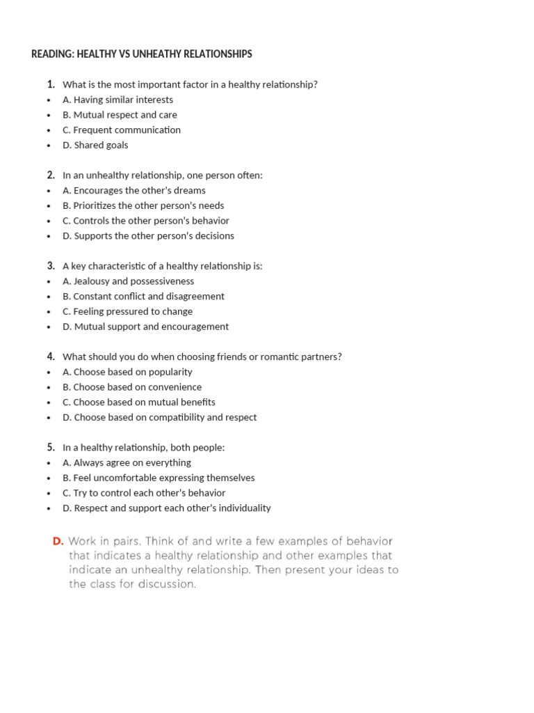 Reading Healthy VS Unhealthy Relationships | PDF