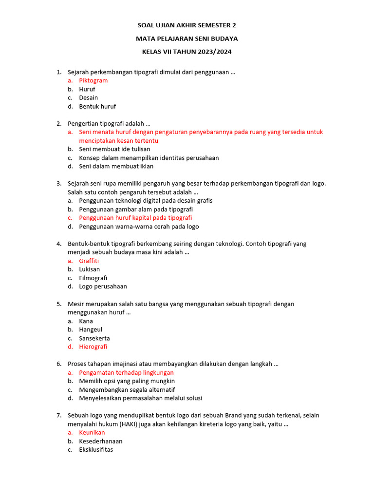 Soal Seni Budaya Kelas 7 Ujian Akhir Semester 2 Pdf
