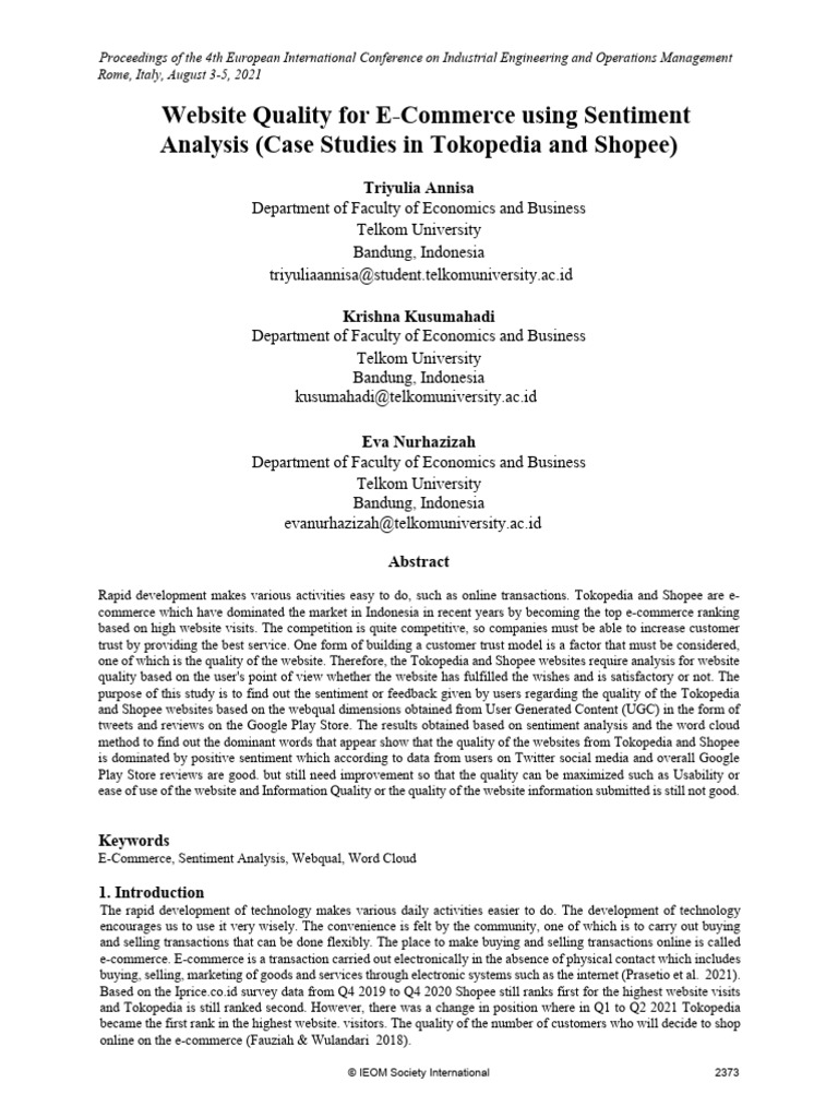 Website Quality For E-Commerce Using Sentiment Analysis (Case Studies in Tokopedia and Shopee) | PDF