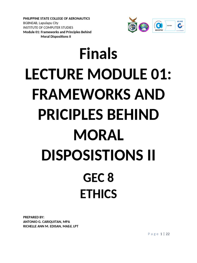 GEC 8 Module 1 Frameworks and Principles Behind Moral Dispositions II ... GEC 8 Module 1 Frameworks and Principles Behind Moral Dispositions II ...