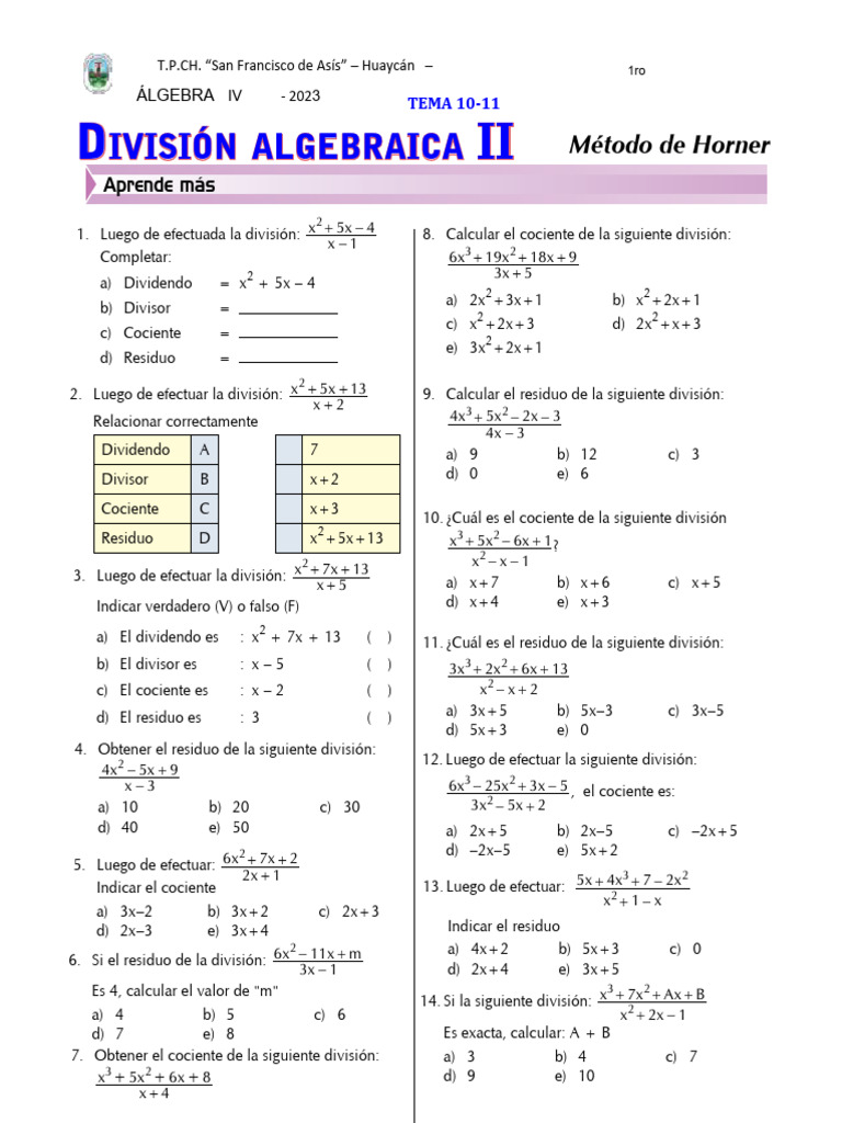 Ficha de Trabajo Método de Horner | PDF