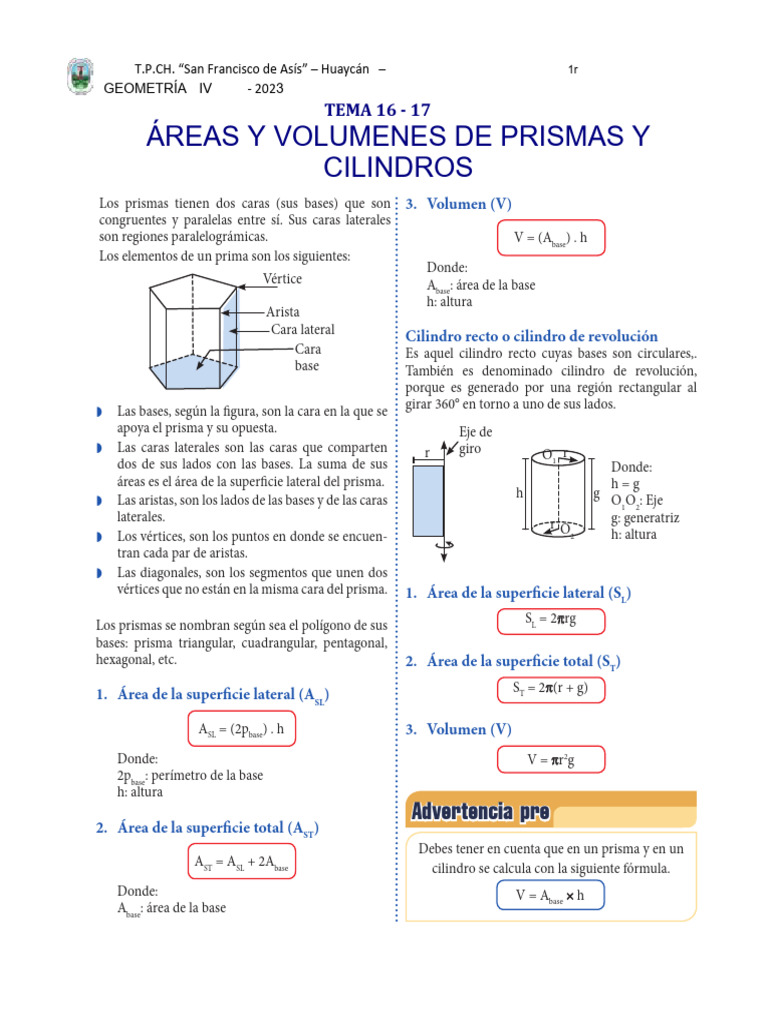 Ficha de Trabajo de Prismas y Cilindros | PDF