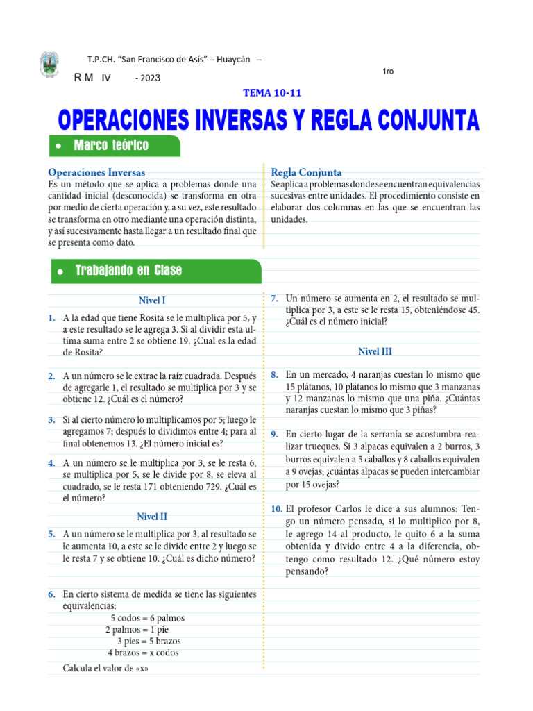 Ficha de Trabajo Operaciones Inversas y Regla Conjunta | PDF