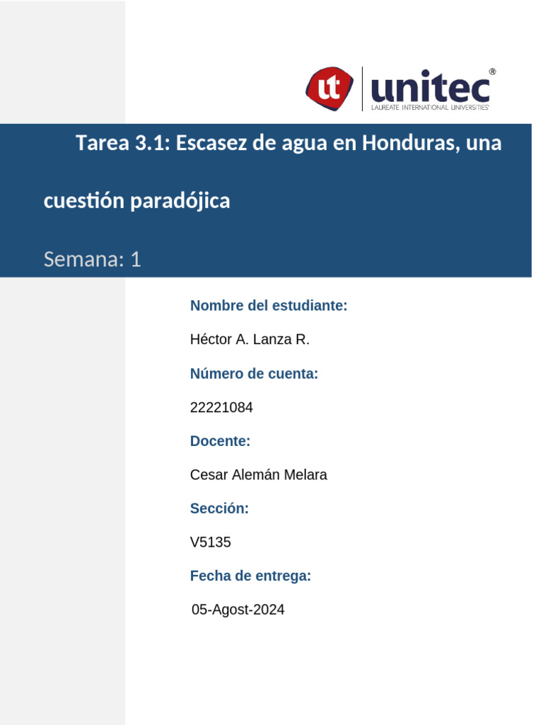 Tarea 3,1 Escasez de Agua en Honduras, Una Cuestión Paradójica | PDF