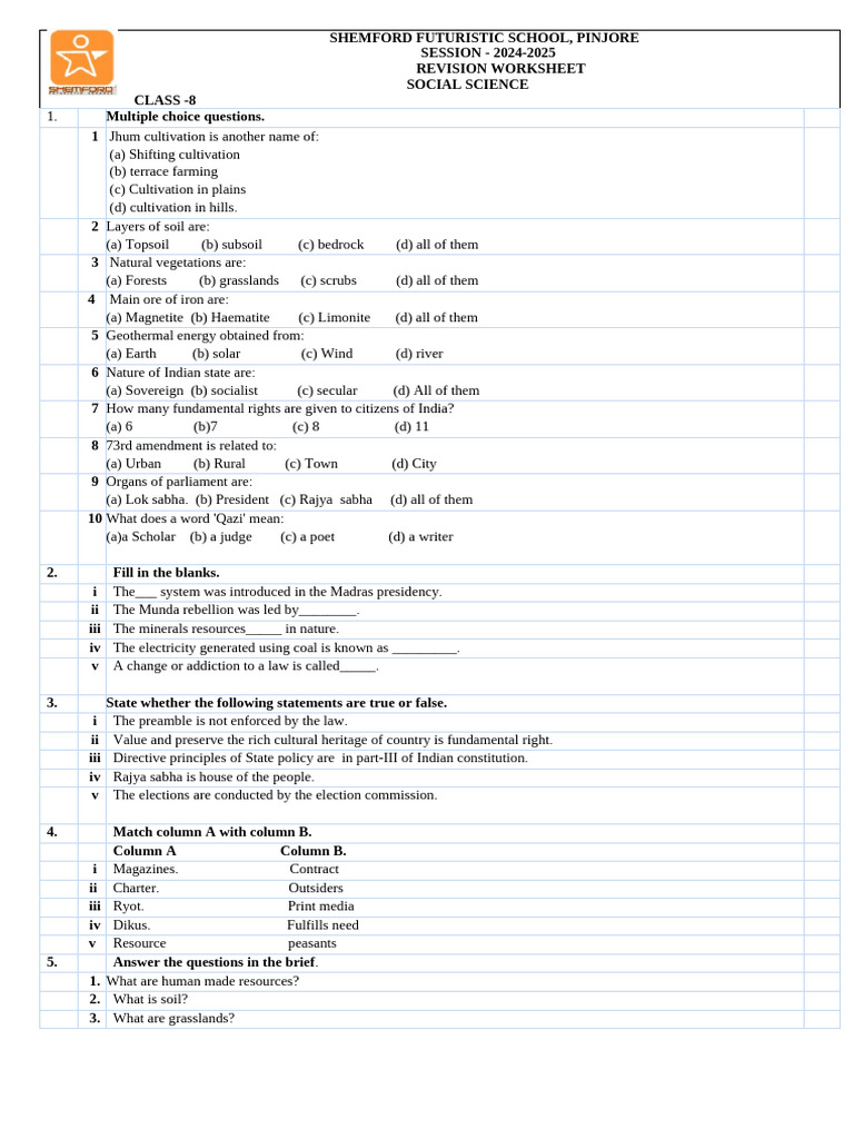 CLASS 8 SST Revision Worksheet 2024-25 | PDF