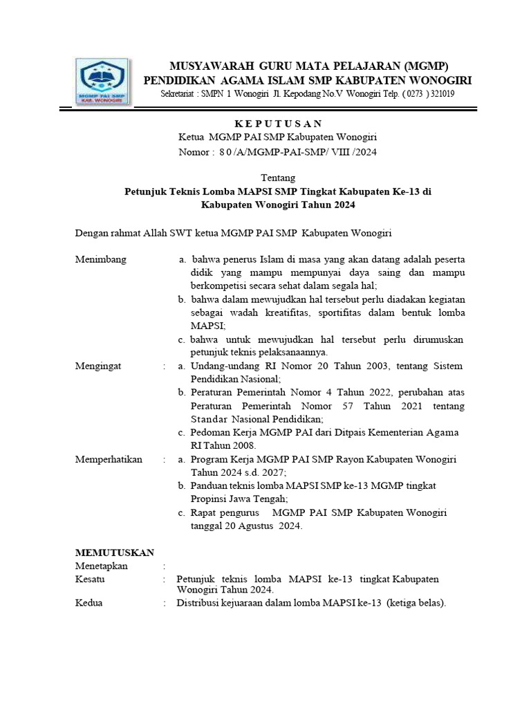 Juknis Mapsi SMP 2024 Wonogiri | PDF