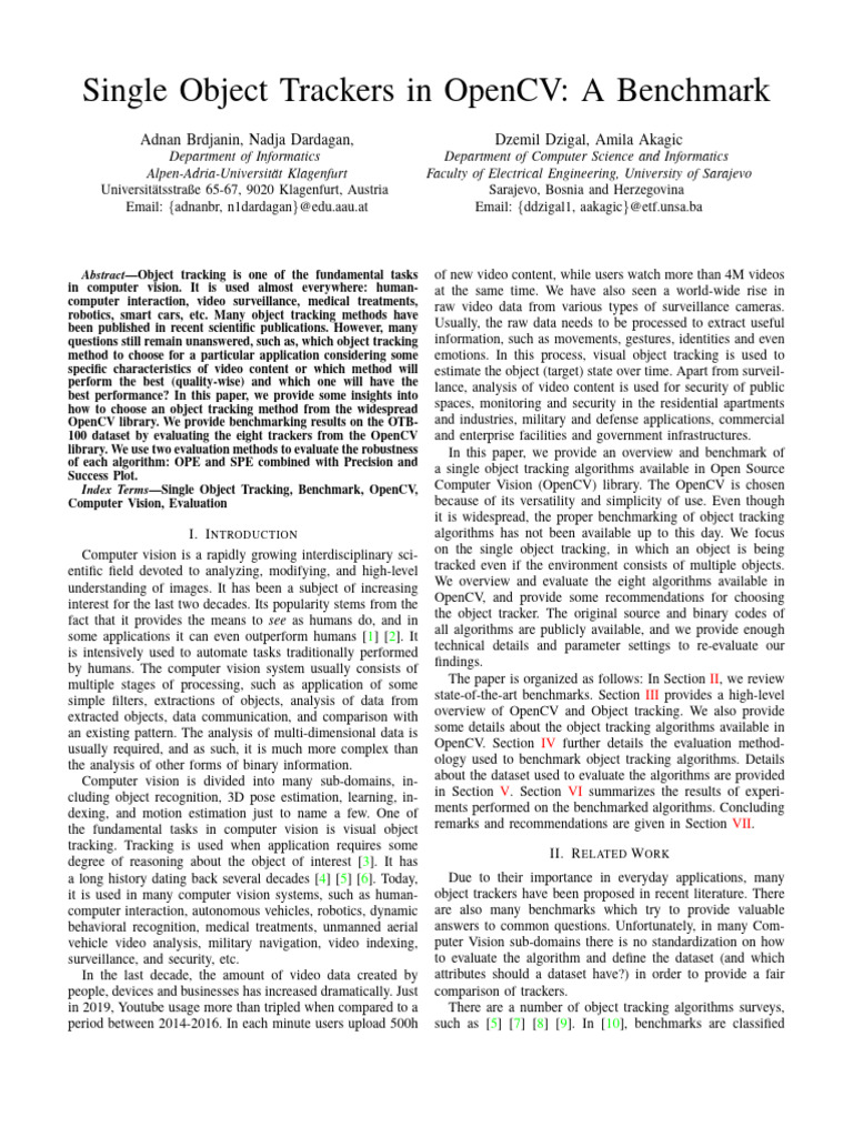 Single Object Trackers in OpenCV A Benchmark | PDF