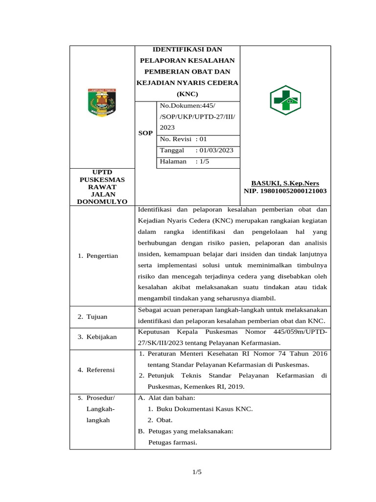 SOP IDENTIFIKASI DAN PELAPORAN KESALAHAN PEMBERIAN OBAT DAN KNC | PDF SOP IDENTIFIKASI DAN PELAPORAN KESALAHAN PEMBERIAN OBAT DAN KNC | PDF
