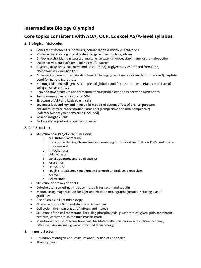 Intermediate Biology Olympiad Syllabus | PDF