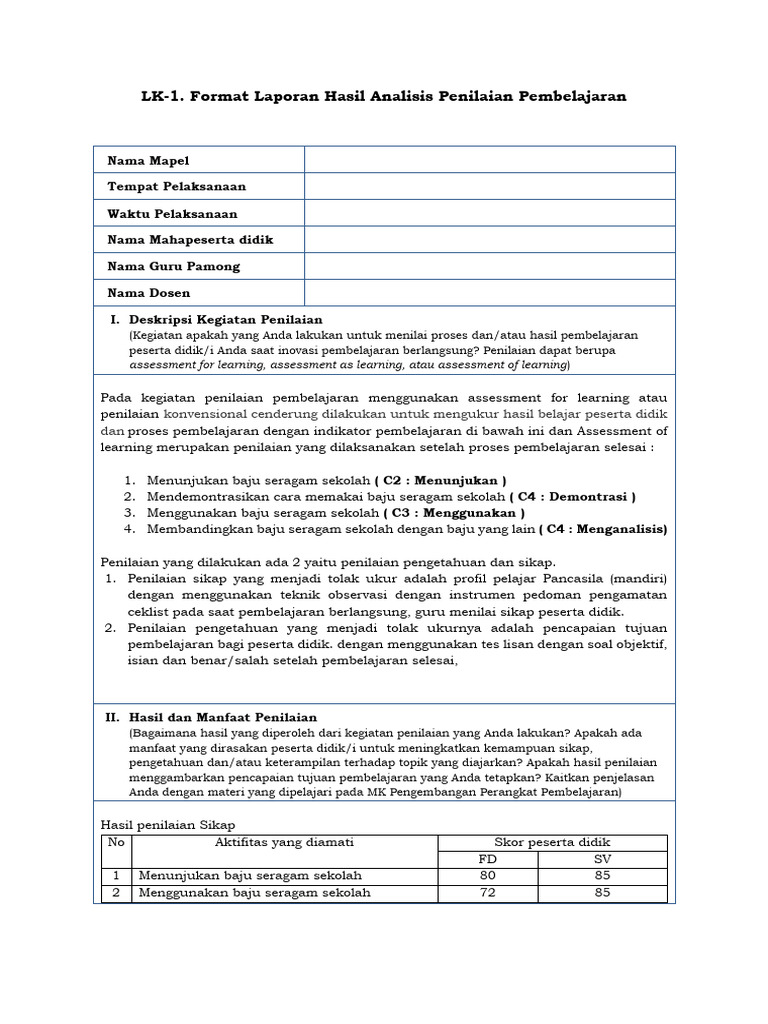 Format Hasil Asesmen Pembelajaran LK 1 PPL | PDF