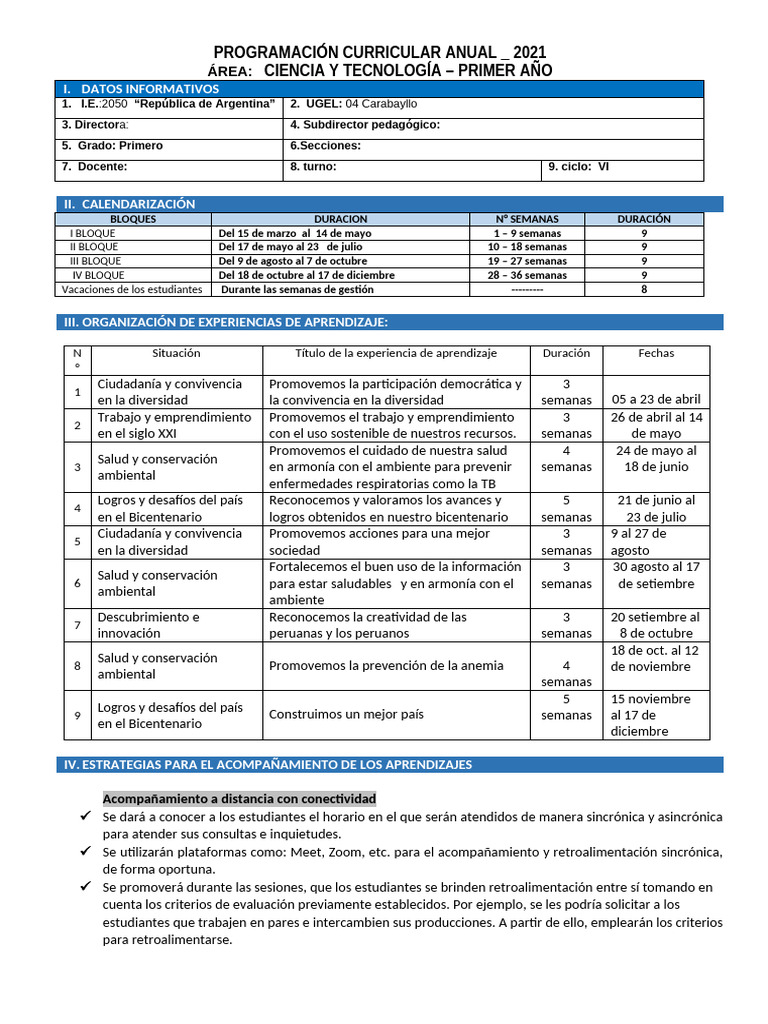 Modelo de PROGRAMACIÓN ANUAL - C y T 1er Año 2021 | PDF | Evaluación | Estudios de idiomas ...