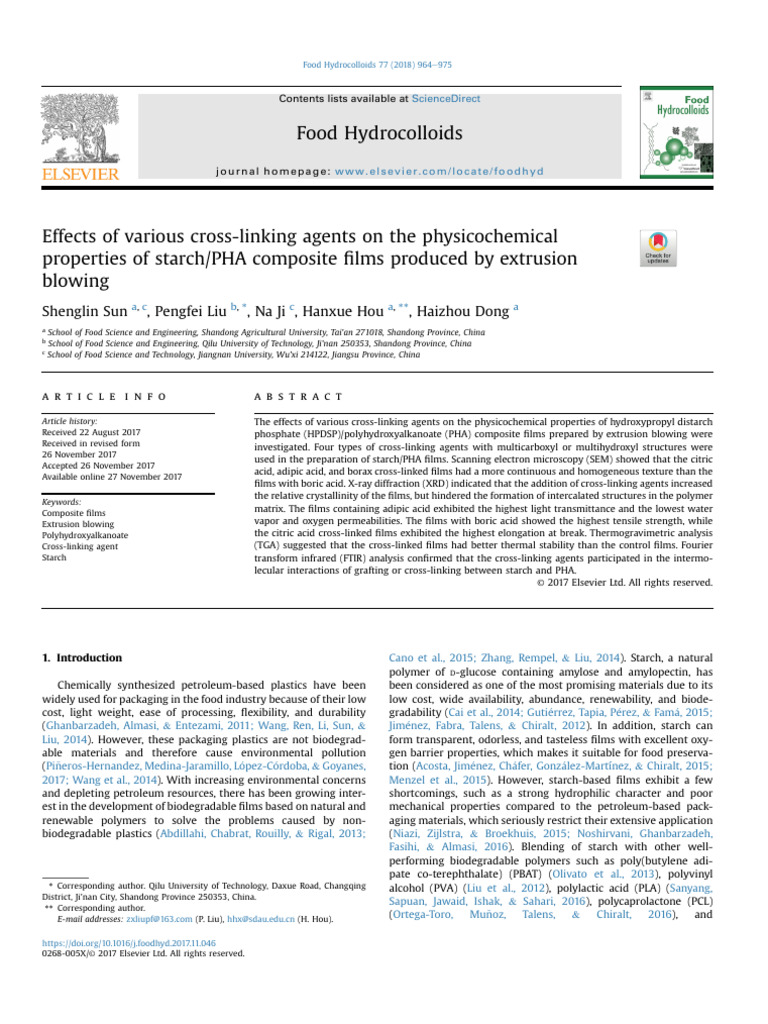 Effects of various cross-linking agents on the physicochemical properties of starch-PHA ...