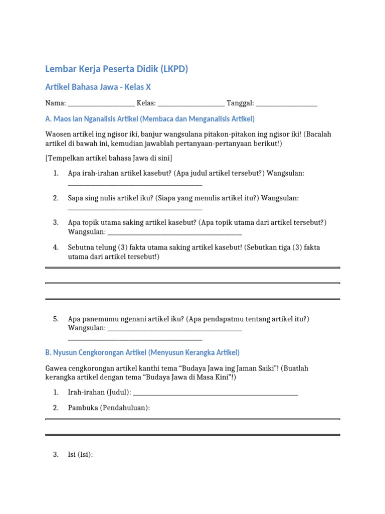Lkpd Artikel Bahasa Jawa Kelas 10 | PDF