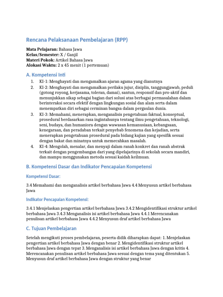 RPP Bahasa Jawa Kelas 10 | PDF