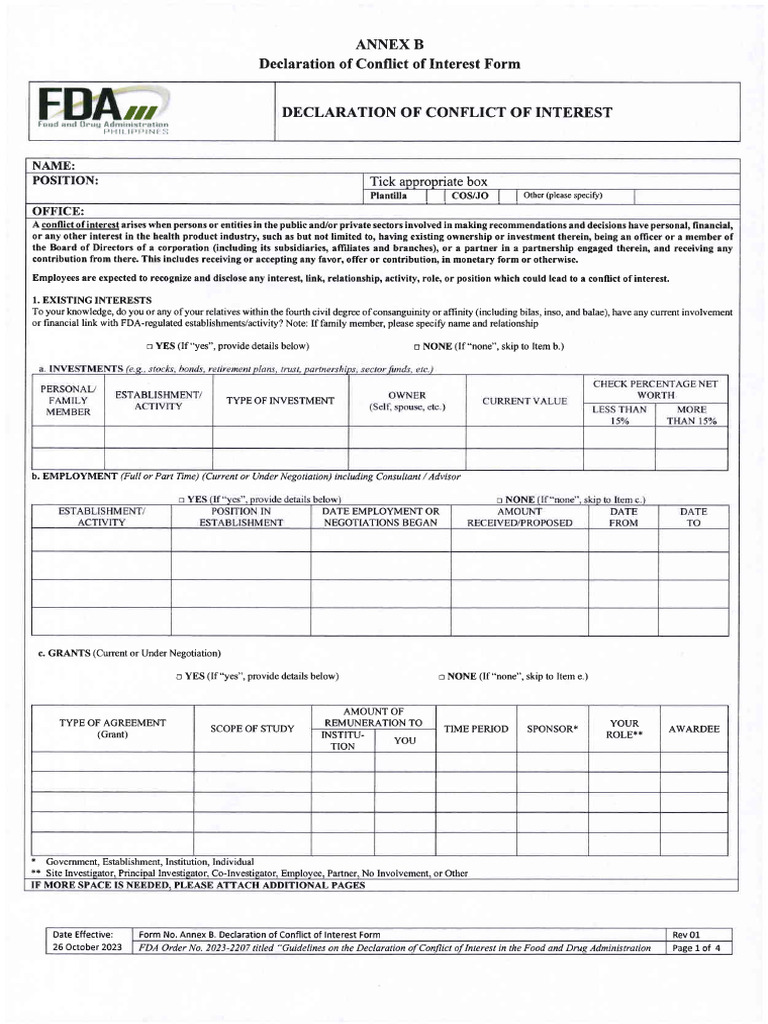 Declaration of Conflict of Interest Form | PDF