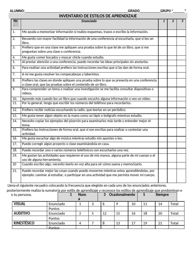 TEST VAK Estilos de aprendizaje | PDF