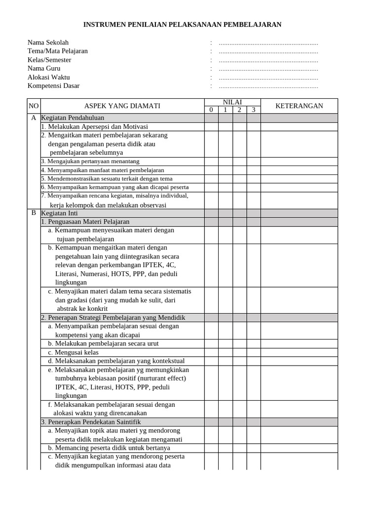 Instrumen Penilaian Pelaksanaan PBM Oc | PDF