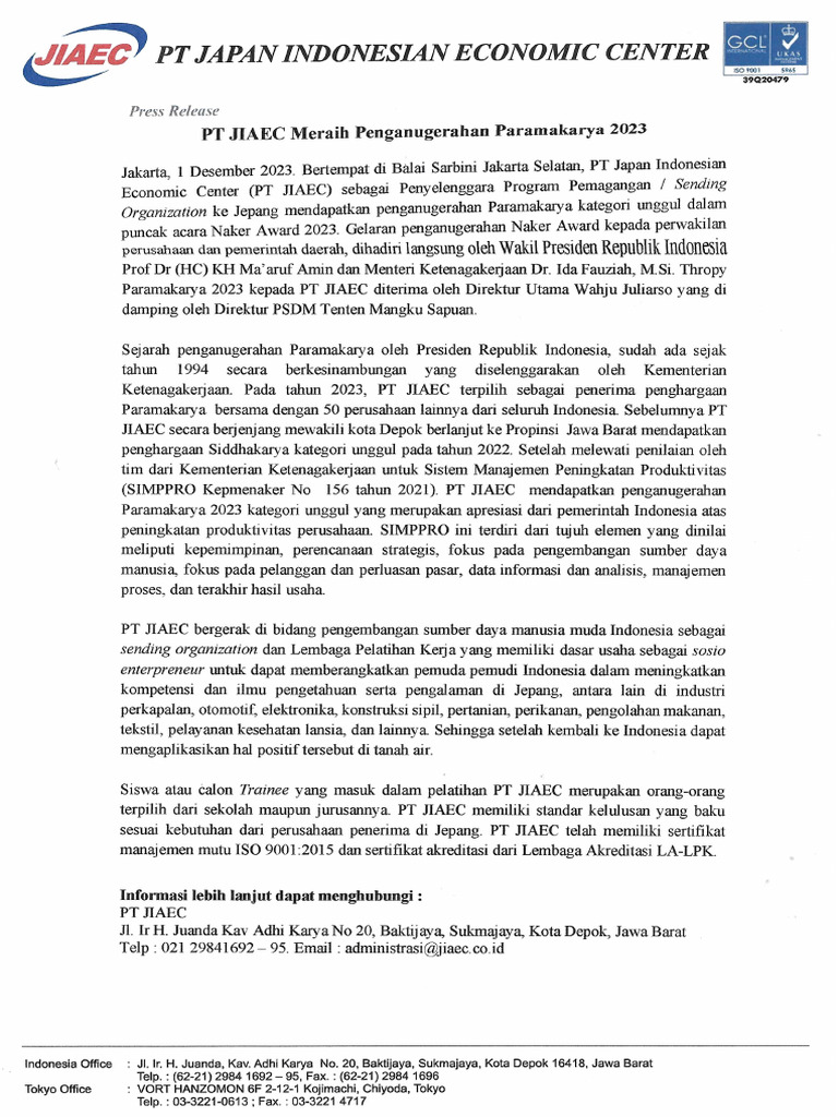 Press Release PT JIAEC Meraih Paramakarya 2023 | PDF